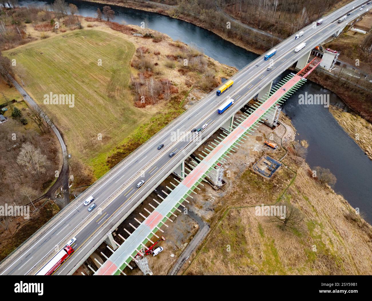 27 February 2025, Saxony, Grimma: The new Mulde bridge on the A14 near ...