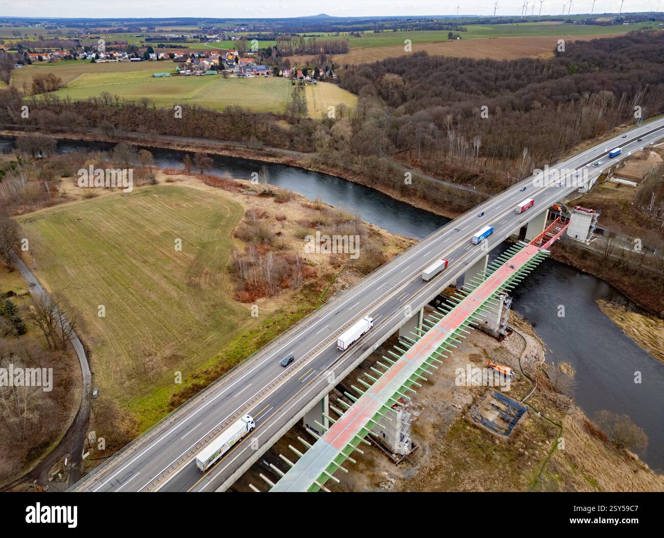 27 February 2025, Saxony, Grimma: The new Mulde bridge on the A14 near ...