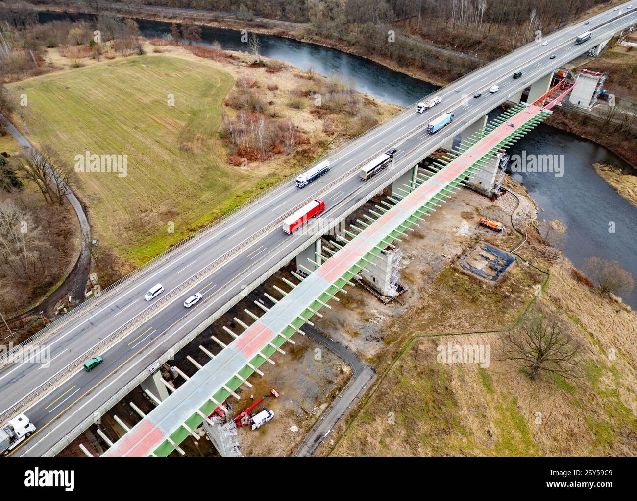 27 February 2025, Saxony, Grimma: The new Mulde bridge on the A14 near ...
