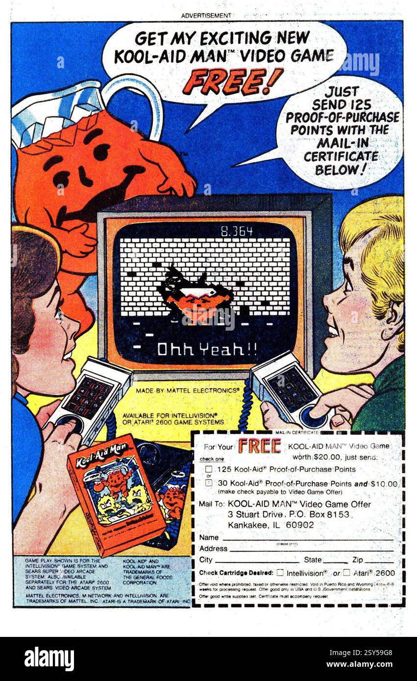 1983 ad for the Atari 2600 video game Kool-Aid Man, by Mattel Electronics Stock Photo - Alamy