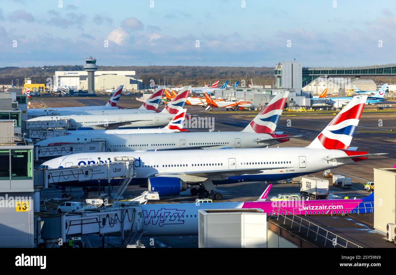 Gatwick, UK. 27 Feb 2025 Planes at Gatwick this morning. Gatwick second ...
