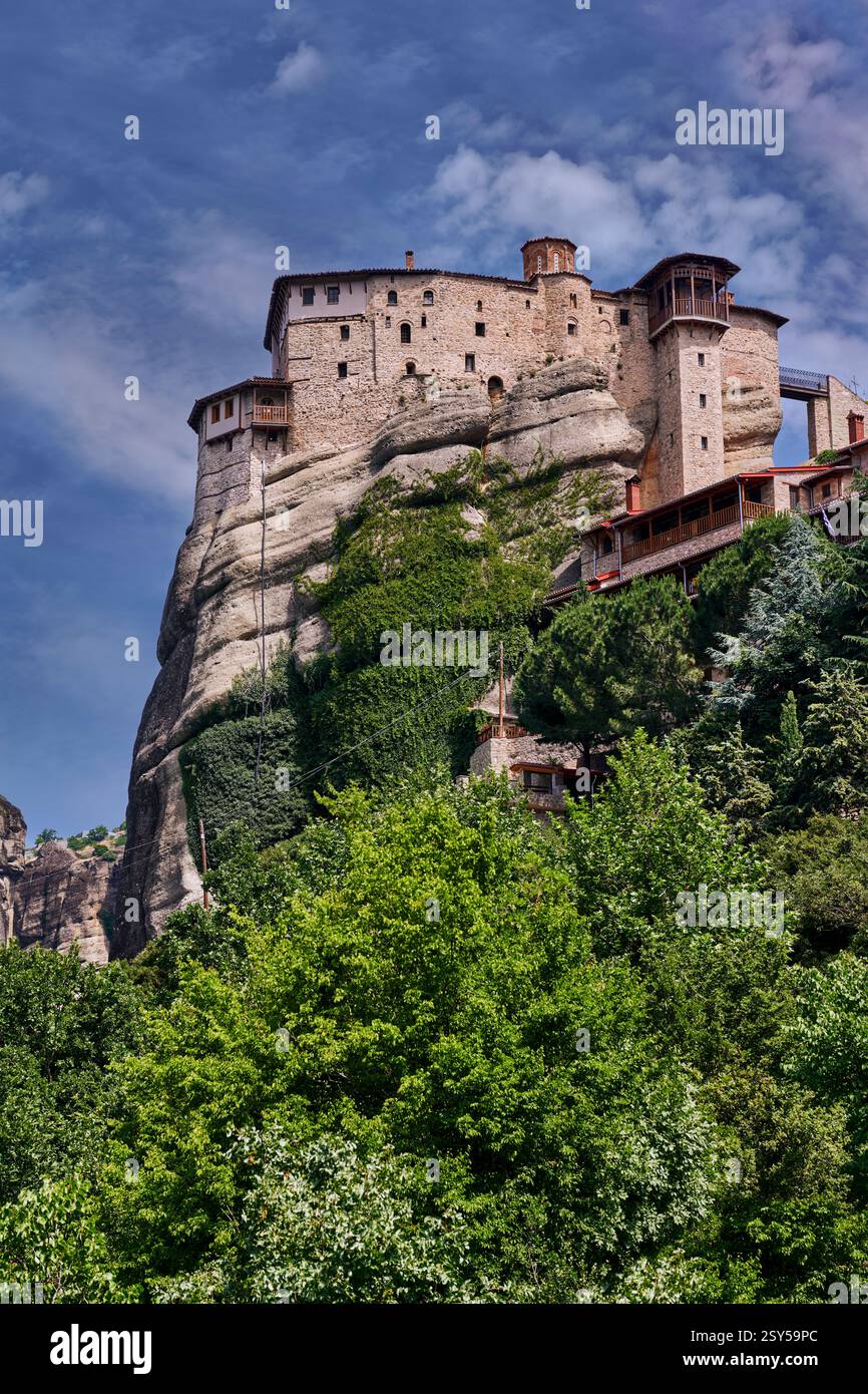 Medieval Meteora Monastery of St. Rousanou (Μονή Ρουσάνου) on top of a ...
