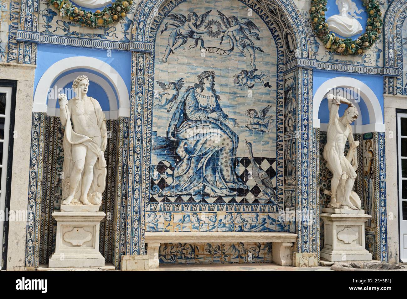 Ornate blue and white azulejo panel depicting "Poetry," flanked by ...