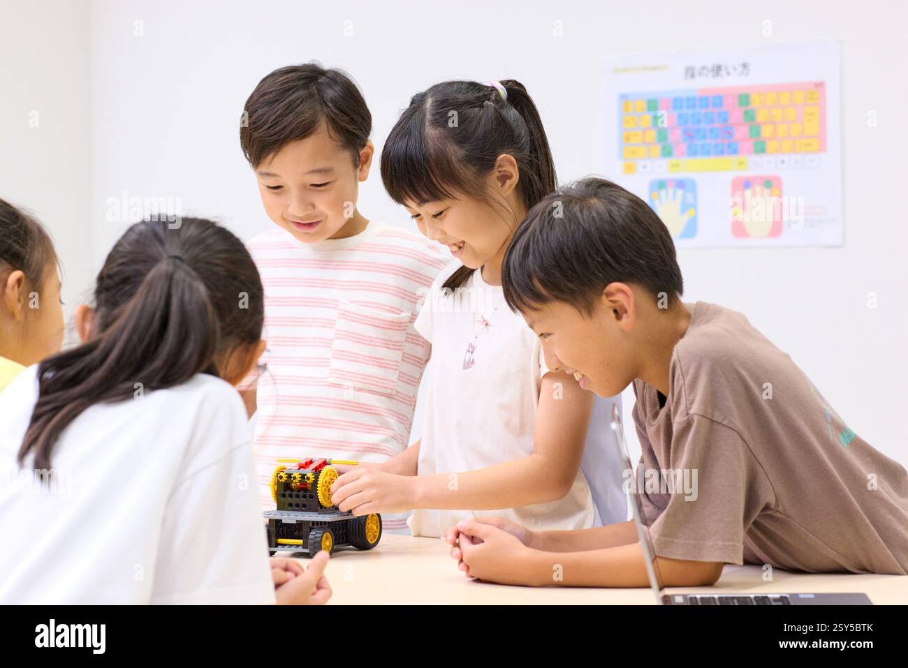 Group Of Japanese Children Playing With A Robot Stock Photo - Alamy
