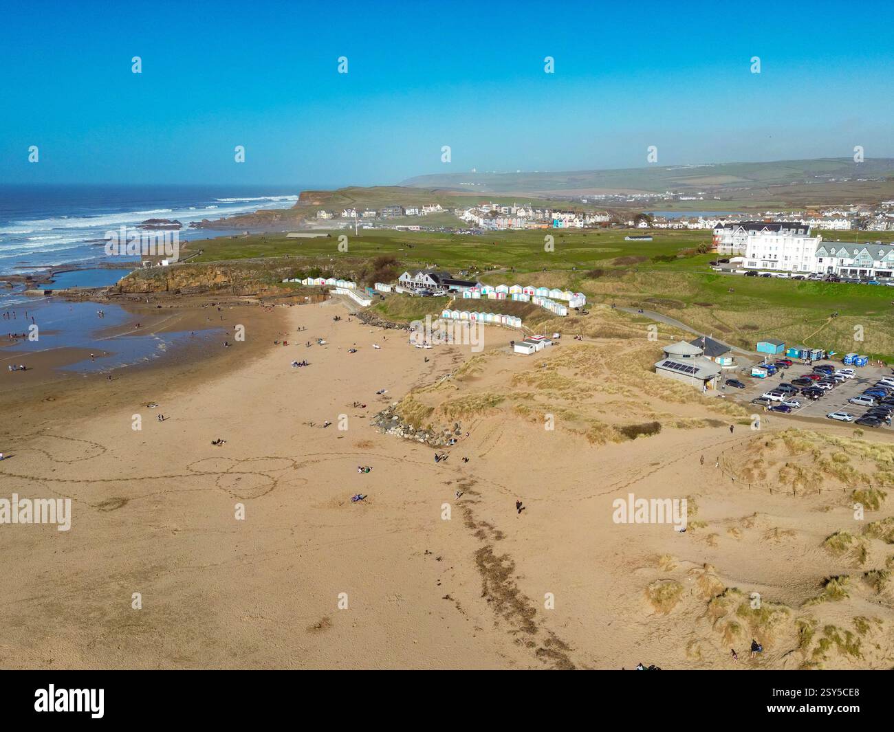 Bude, Cornwall, England, UK - 22 February 2025: Aerial view of the ...
