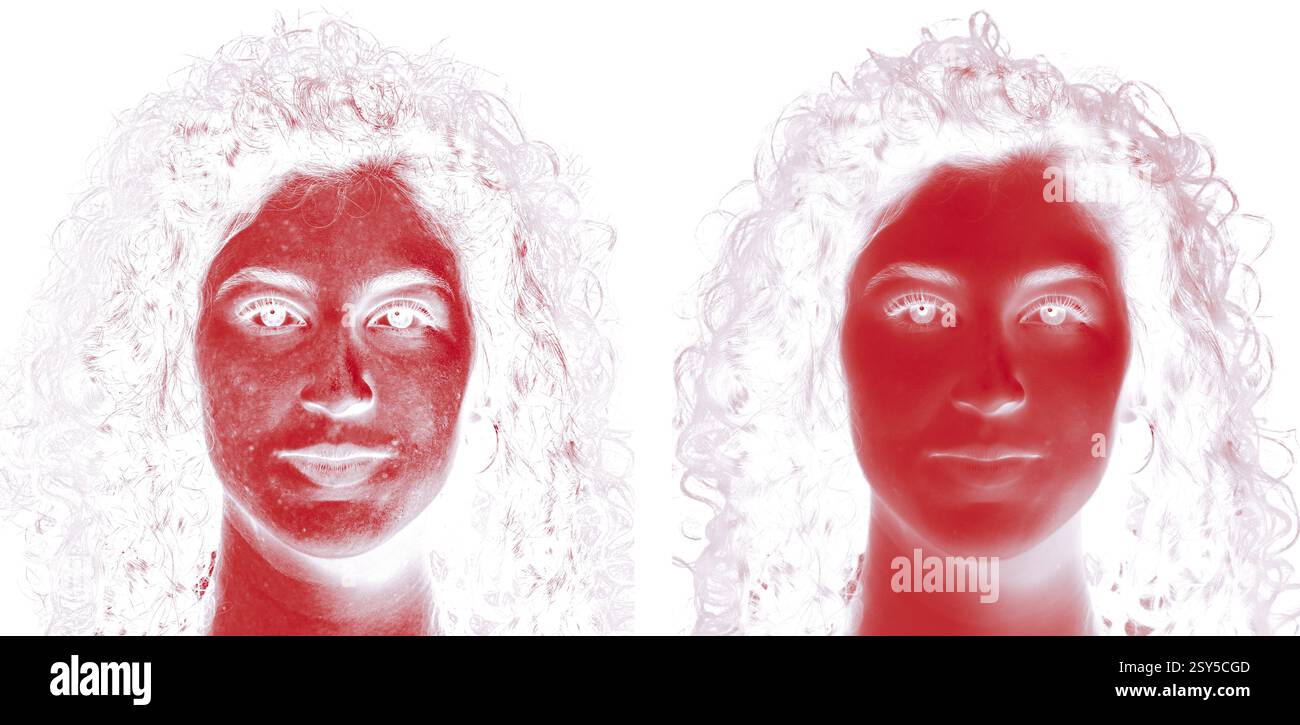 Inverted colors portrait of a young woman with curly hair, showing the ...