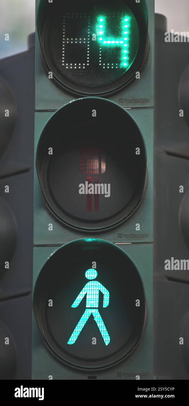 green pedestrian traffic light with second display of the green phase ...