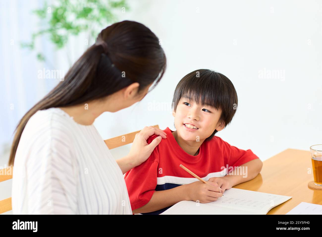 Japanese Mother And Son Doing Homework At Home Stock Photo - Alamy