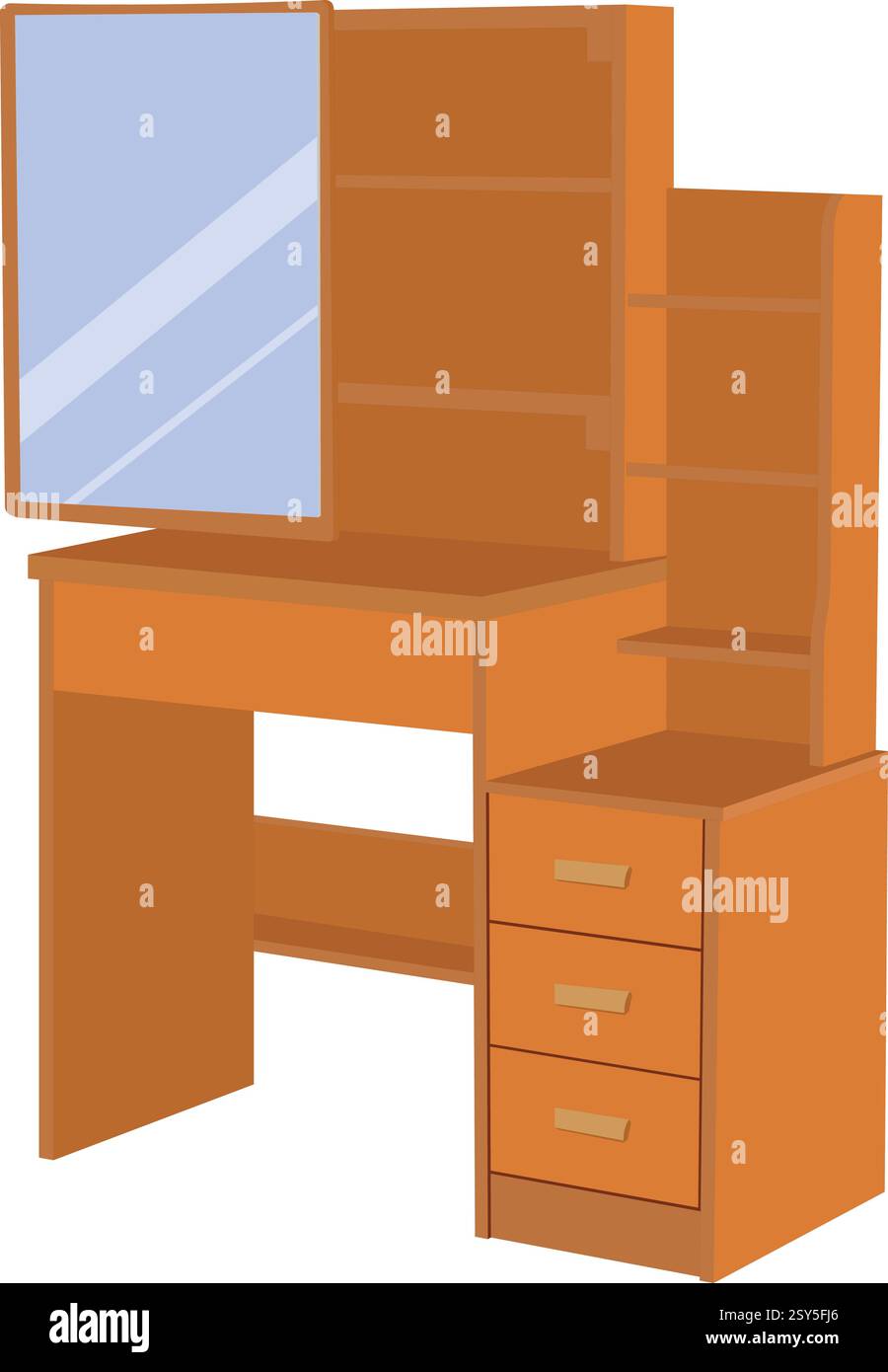 A wooden vanity with a mirror and three drawers. Brown wooden dressinng ...