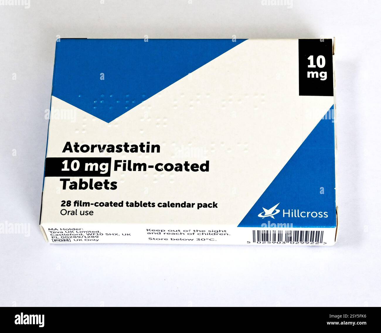 Photograph of a pack of Atorvastatin tablets. 10mg Film-coated. 28 film ...