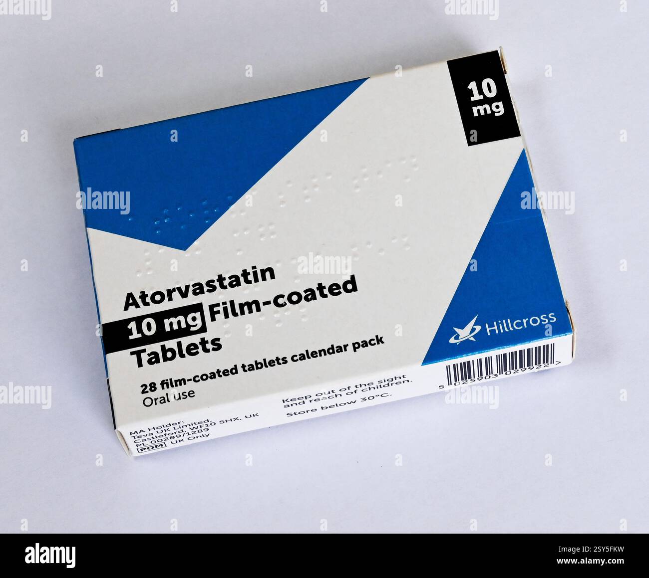Photograph of a pack of Atorvastatin tablets. 10mg Film-coated. 28 film ...