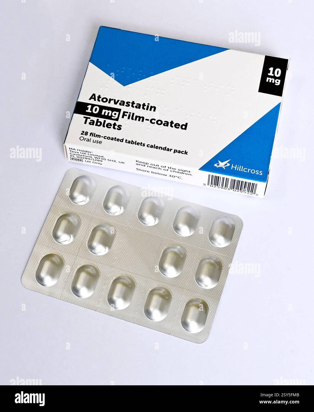 Photograph of a pack of Atorvastatin tablets. 10mg Film-coated. 28 film ...