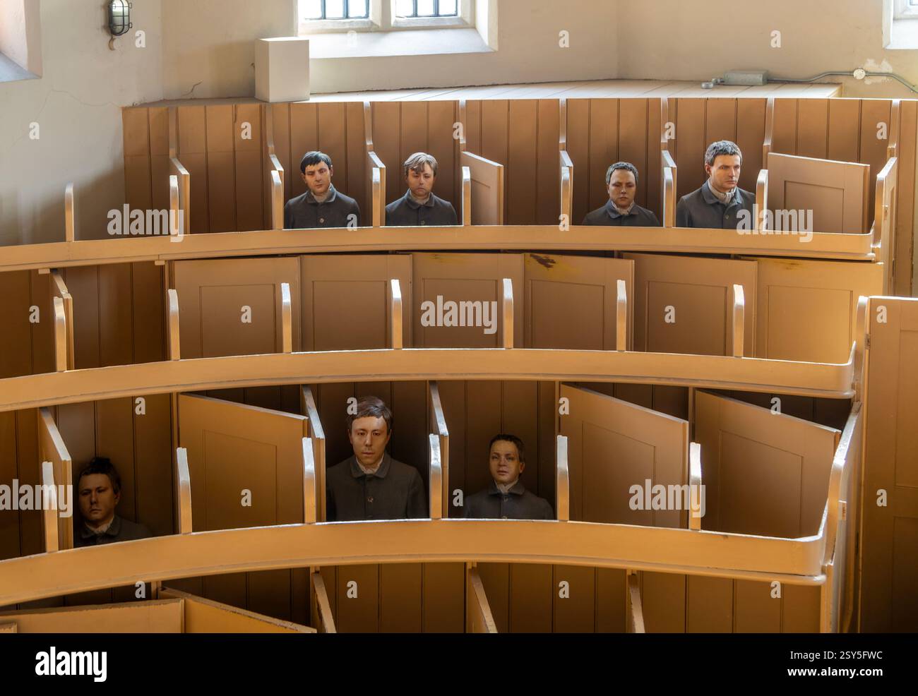 Wooden stalls interior of prison chapel Victorian jail museum, Lincoln ...