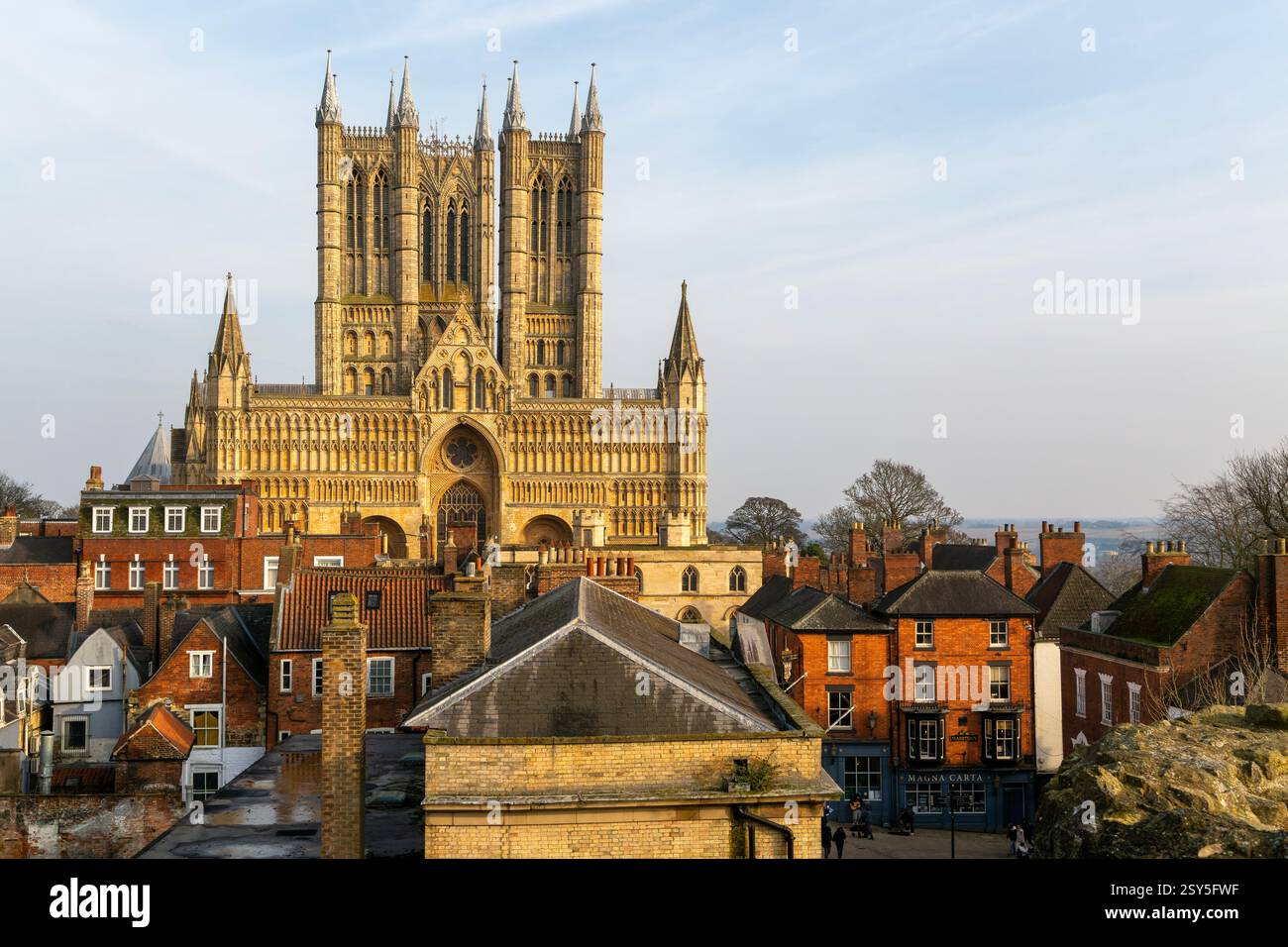 West frontage of Lincoln cathedral church viewed from castle walls ...