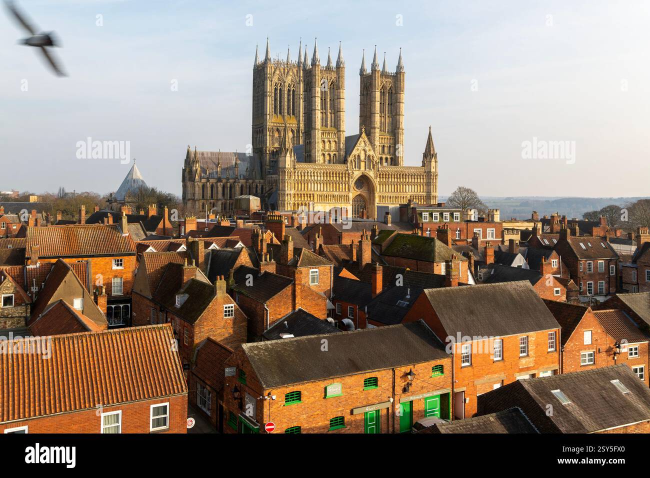West frontage of Lincoln cathedral church viewed from castle walls ...