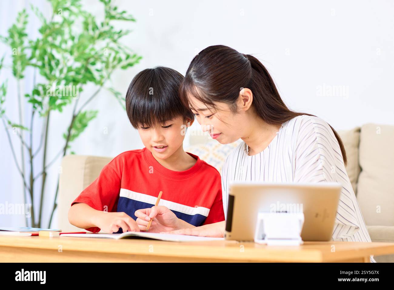 Japanese Mother And Son Doing Homework At Home Stock Photo - Alamy