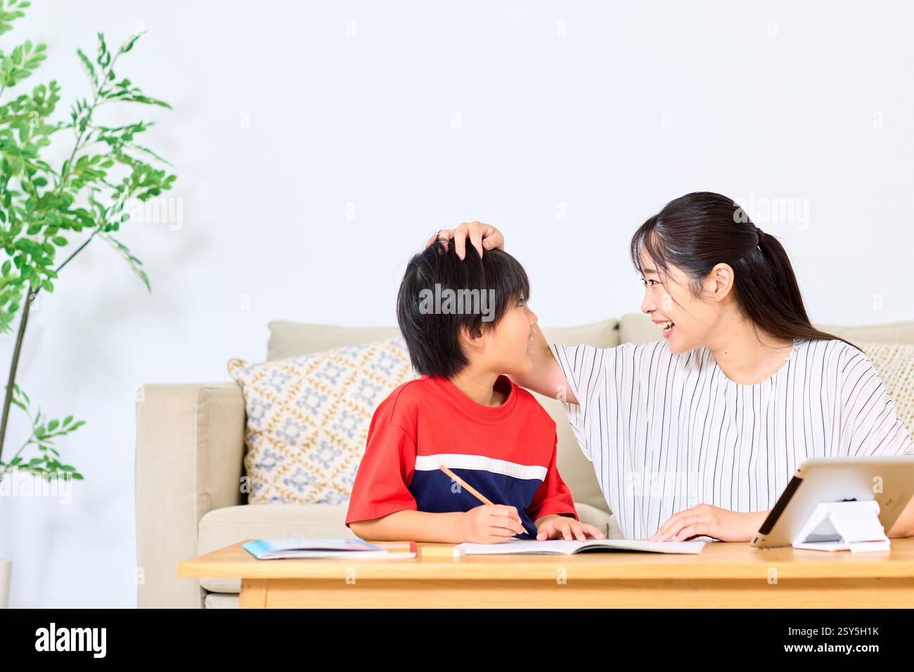 Japanese Mother And Son Doing Homework At Home Stock Photo - Alamy