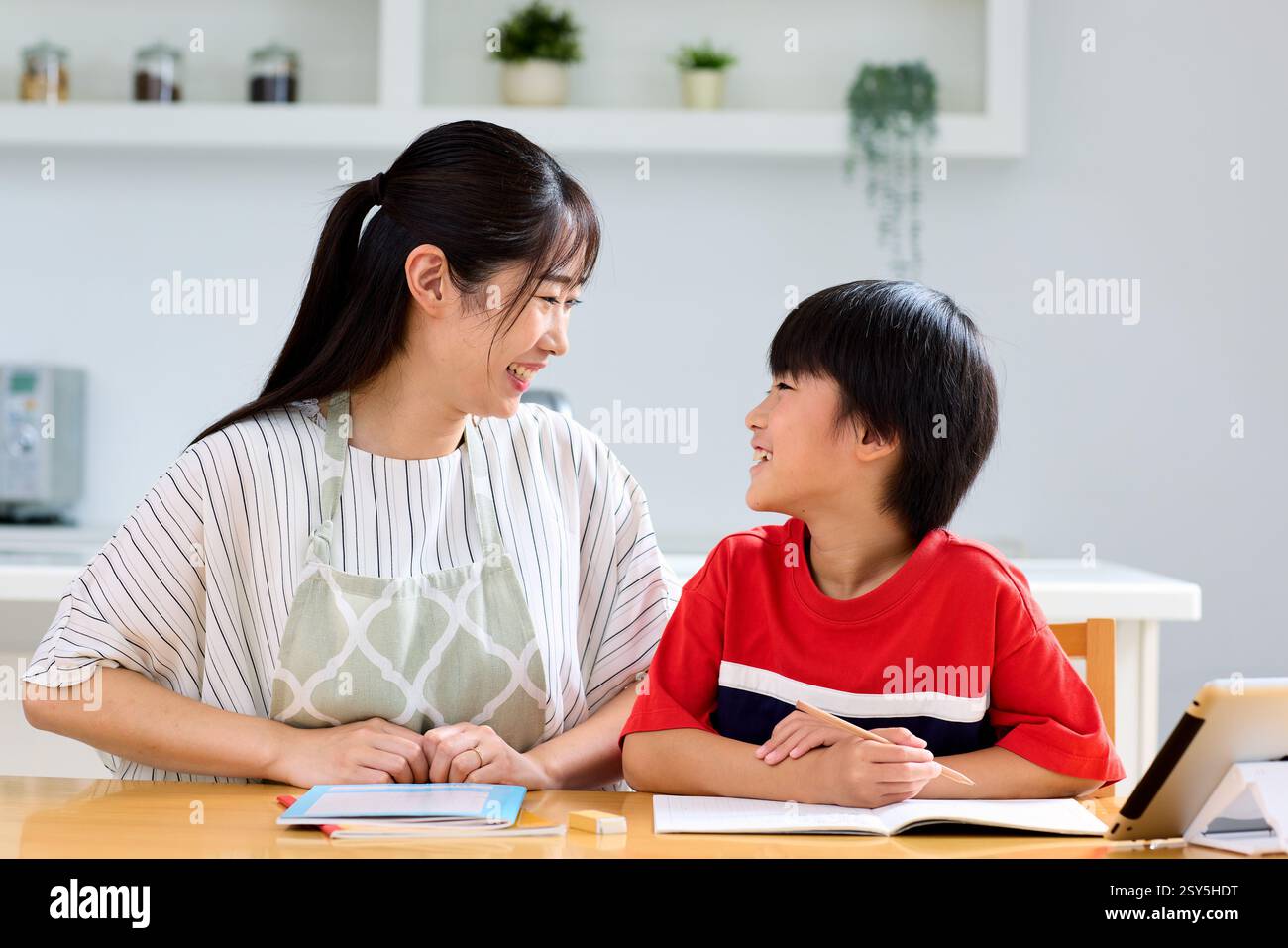 Japanese Mother And Son Working On Homework Stock Photo - Alamy