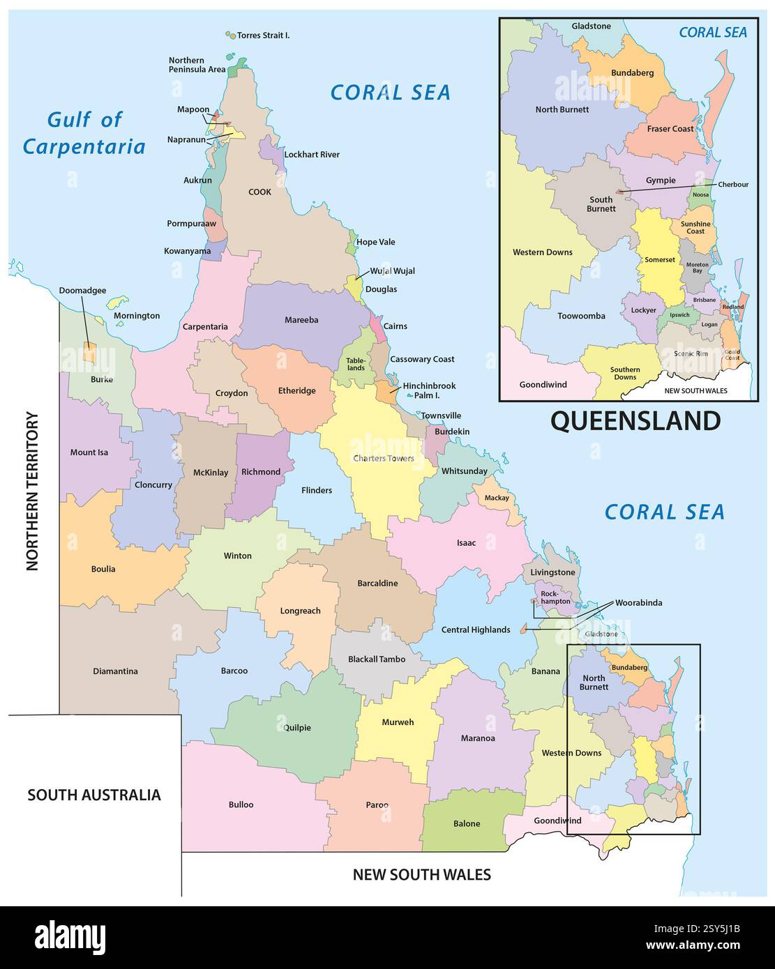 Administrative shire map of the Australian state of Queensland Stock ...
