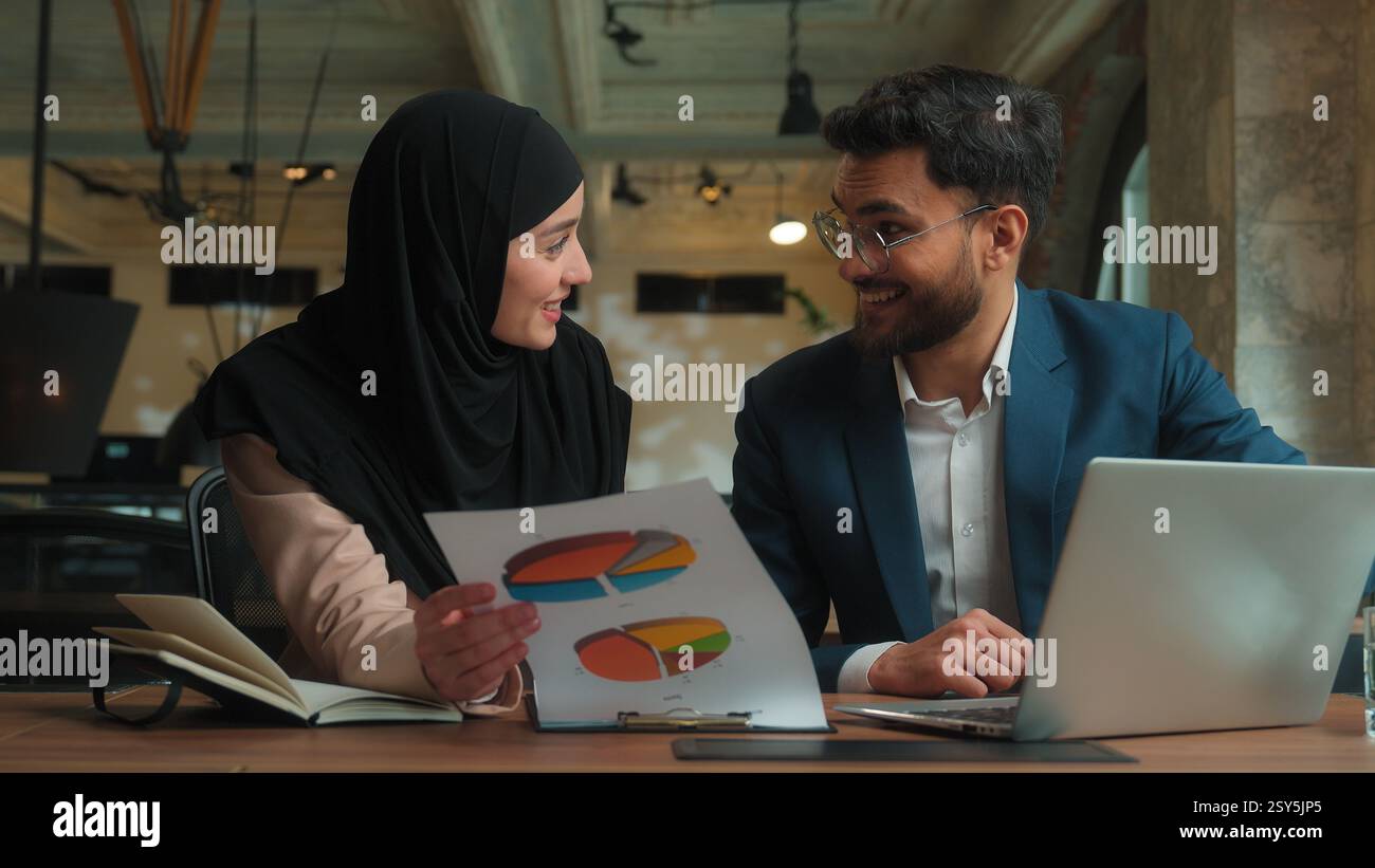Male female teamwork Arabian man muslim woman in hijab girl guy ...
