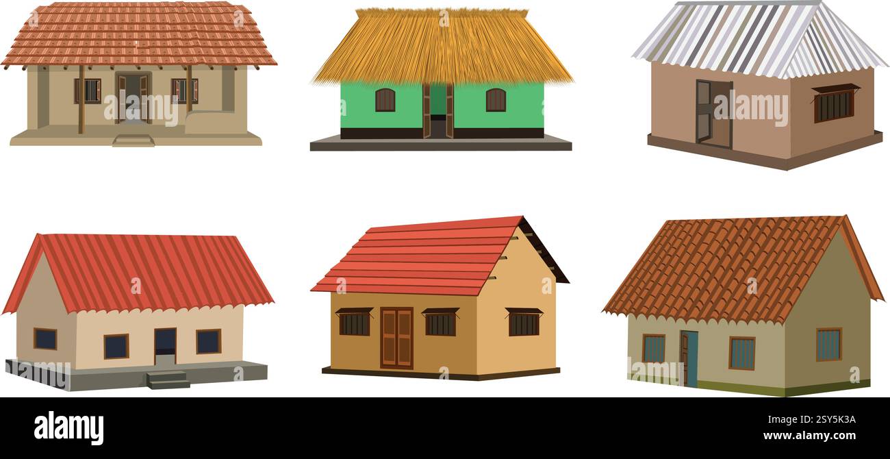 A row of six different types of houses, each with a unique roof and ...