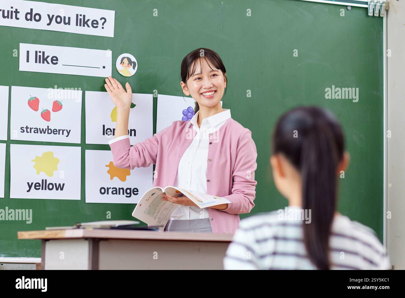 Japanese Teacher With Her Students In Front Of A Blackboard Stock Photo ...