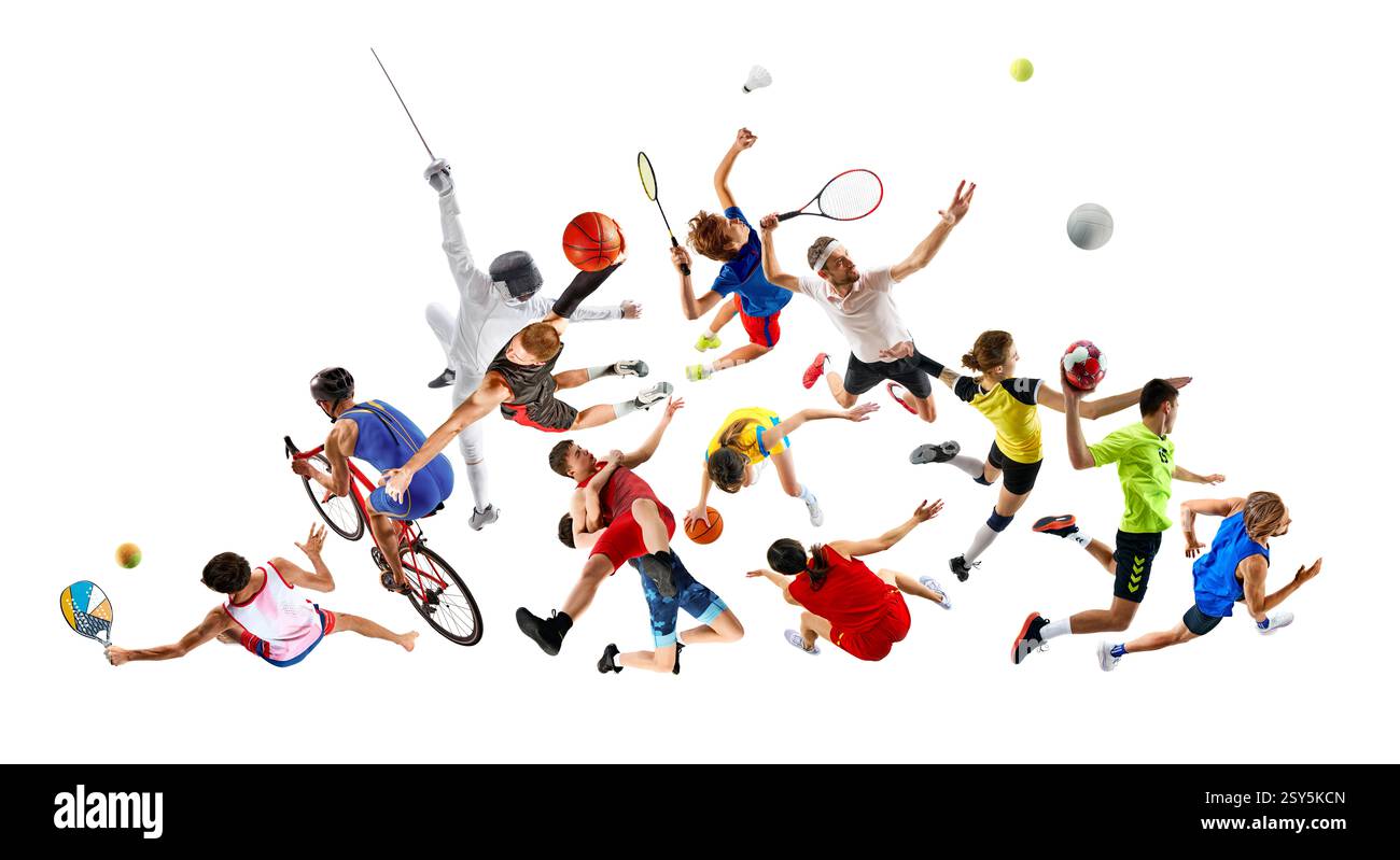 High-energy sports scene with basketball, soccer, fencing, cycling, and ...