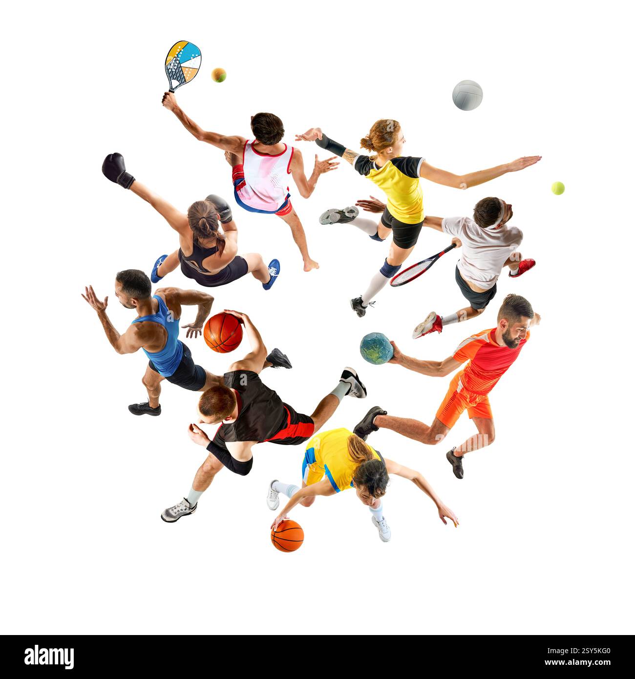 Aerial view of diverse athletes engaging in basketball, tennis, boxing ...