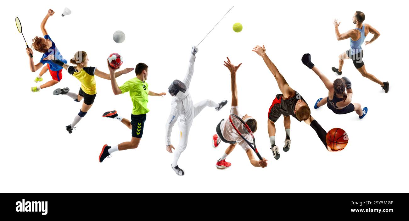 Collage of professional athletes competing in badminton, fencing ...