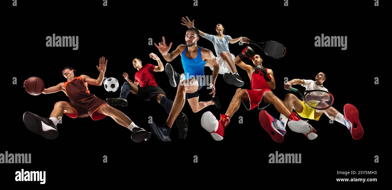 Mixed sports scene with basketball, soccer, tennis, and boxing players ...