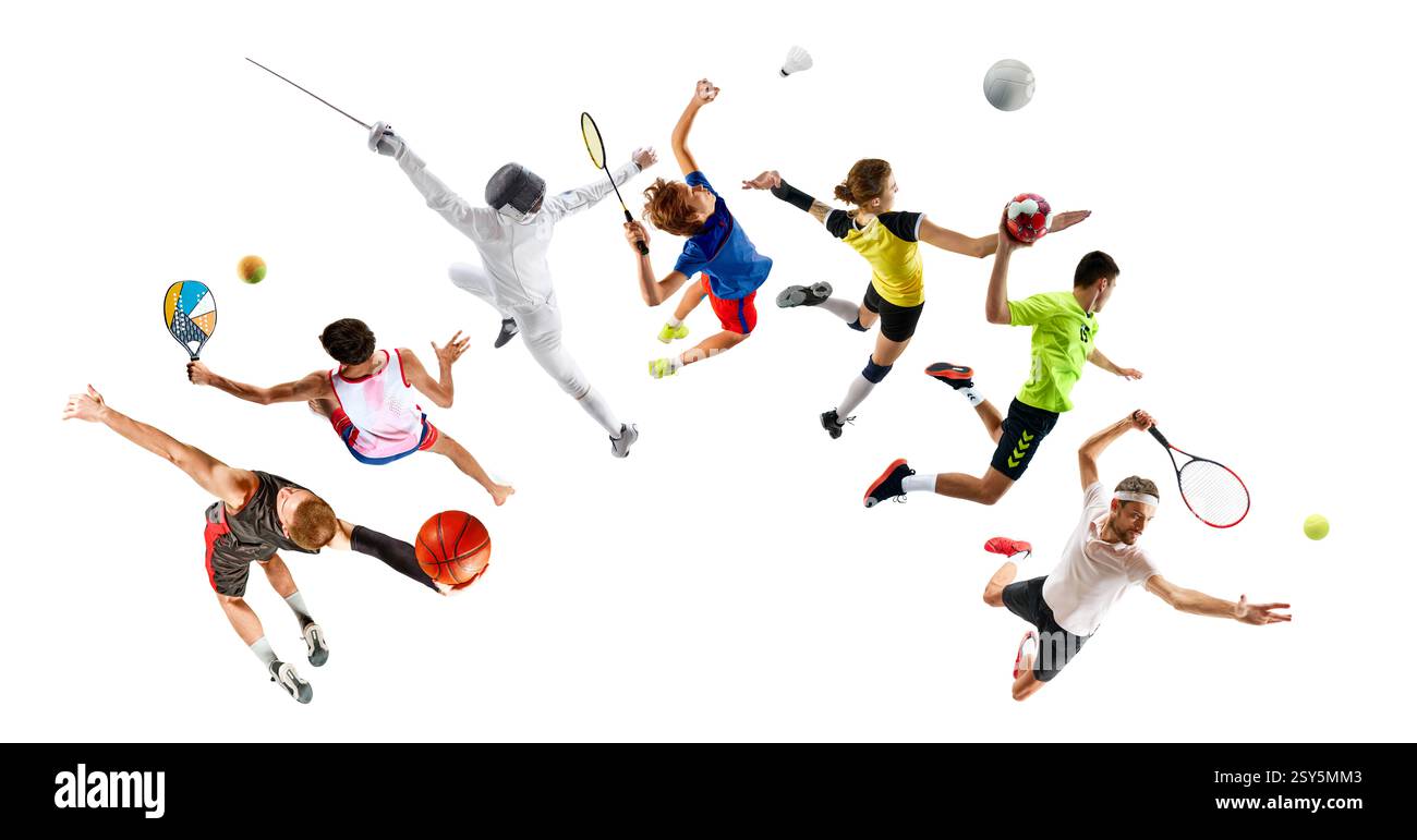 Multi-sport action featuring fencing, tennis, basketball, and handball ...