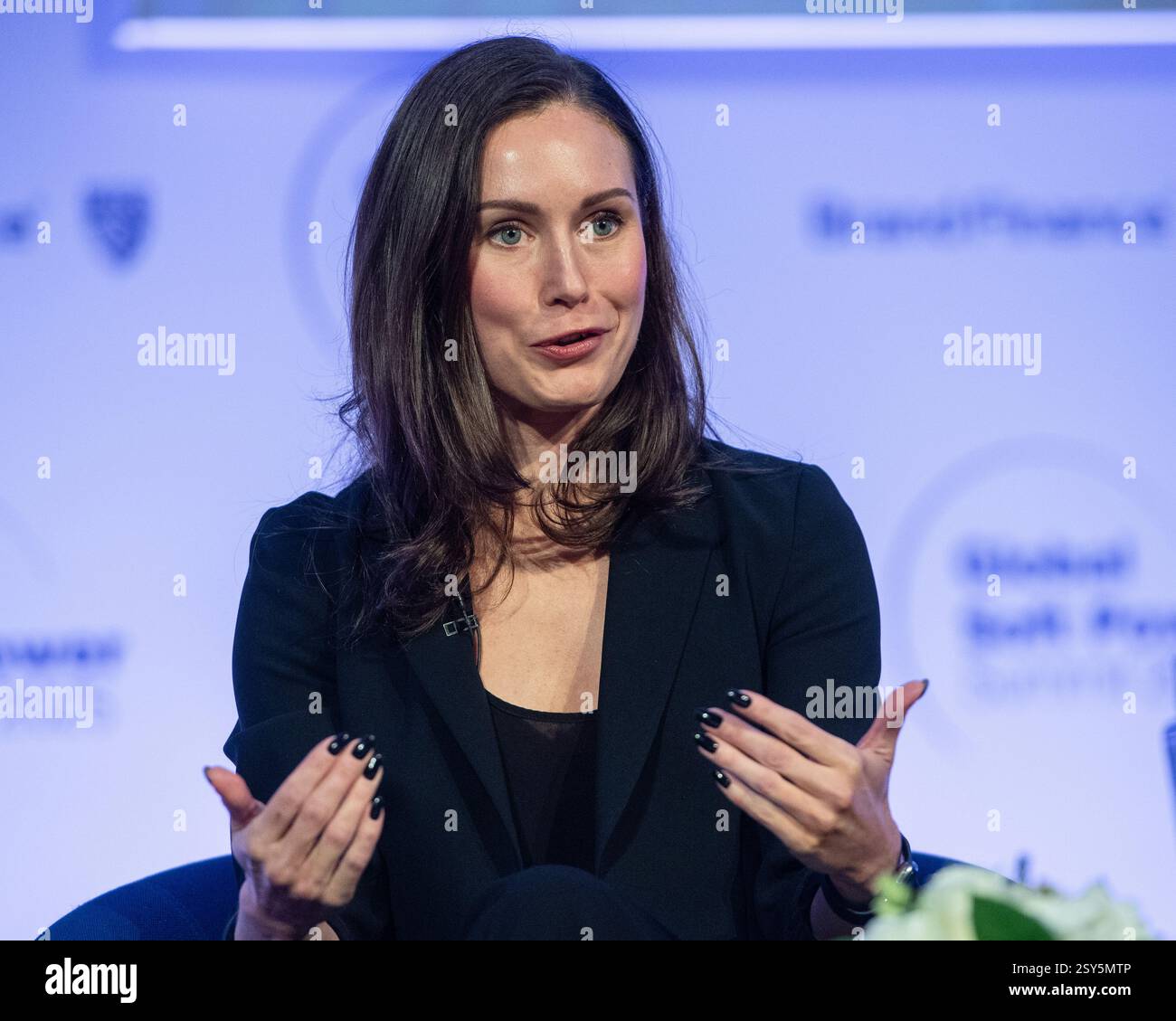 London, UK. 20 February 2025. Former Finnish Prime Minister Sanna Marin speaks at the Global ...