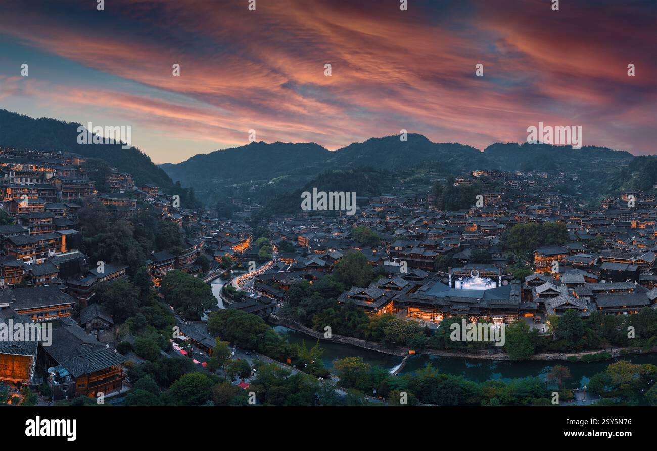 Night view of Qianhu Miao Village in Xijiang, Qiandongnan, Guizhou ...