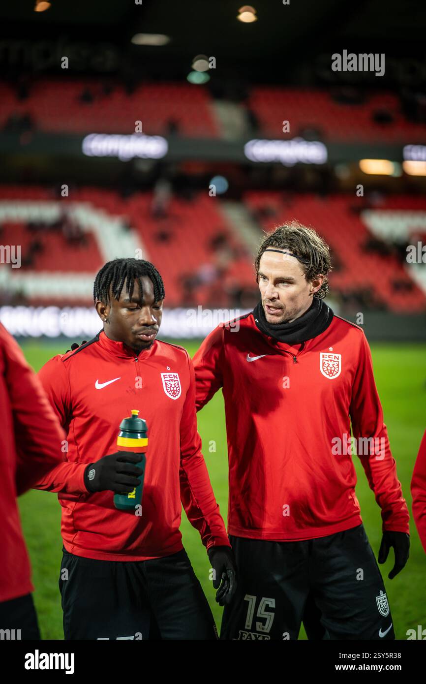 Aalborg, Denmark. 26th, February 2025. Erik Marxen (15) and Levy Nene ...