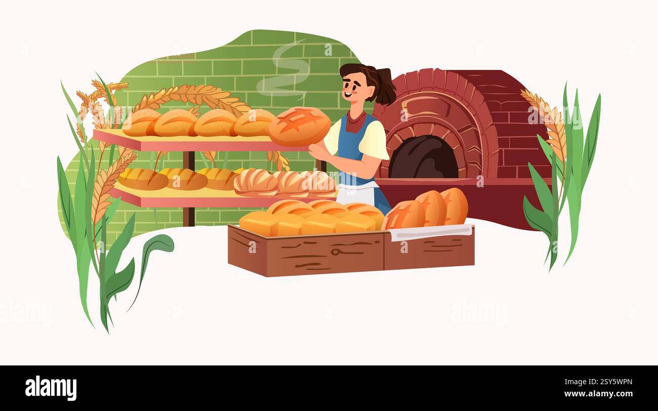 Baker holding bread in rustic bakery scene with shelves of fresh loaves ...