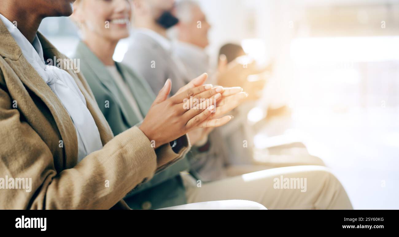 Hands, audience and clapping in seminar for presentation, conference and workshop or training ...