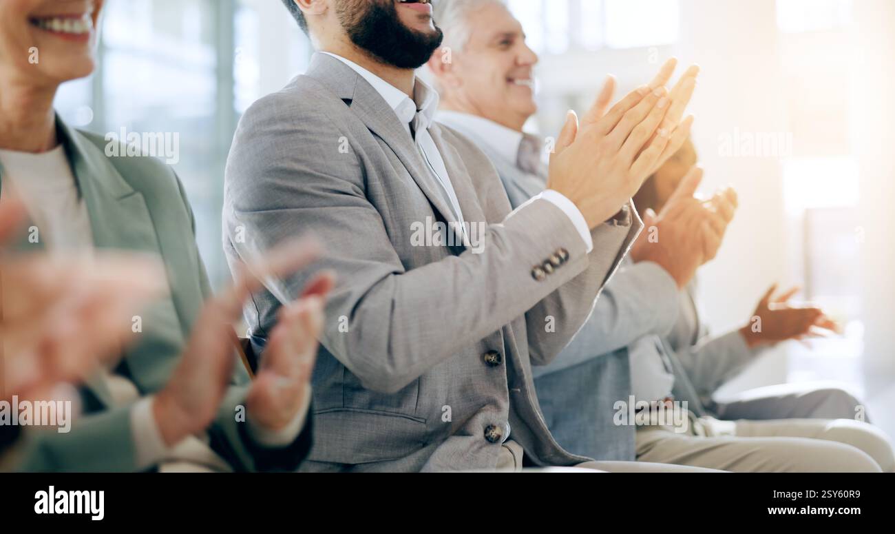 Hands, audience and clapping in seminar for presentation, conference and workshop or training ...