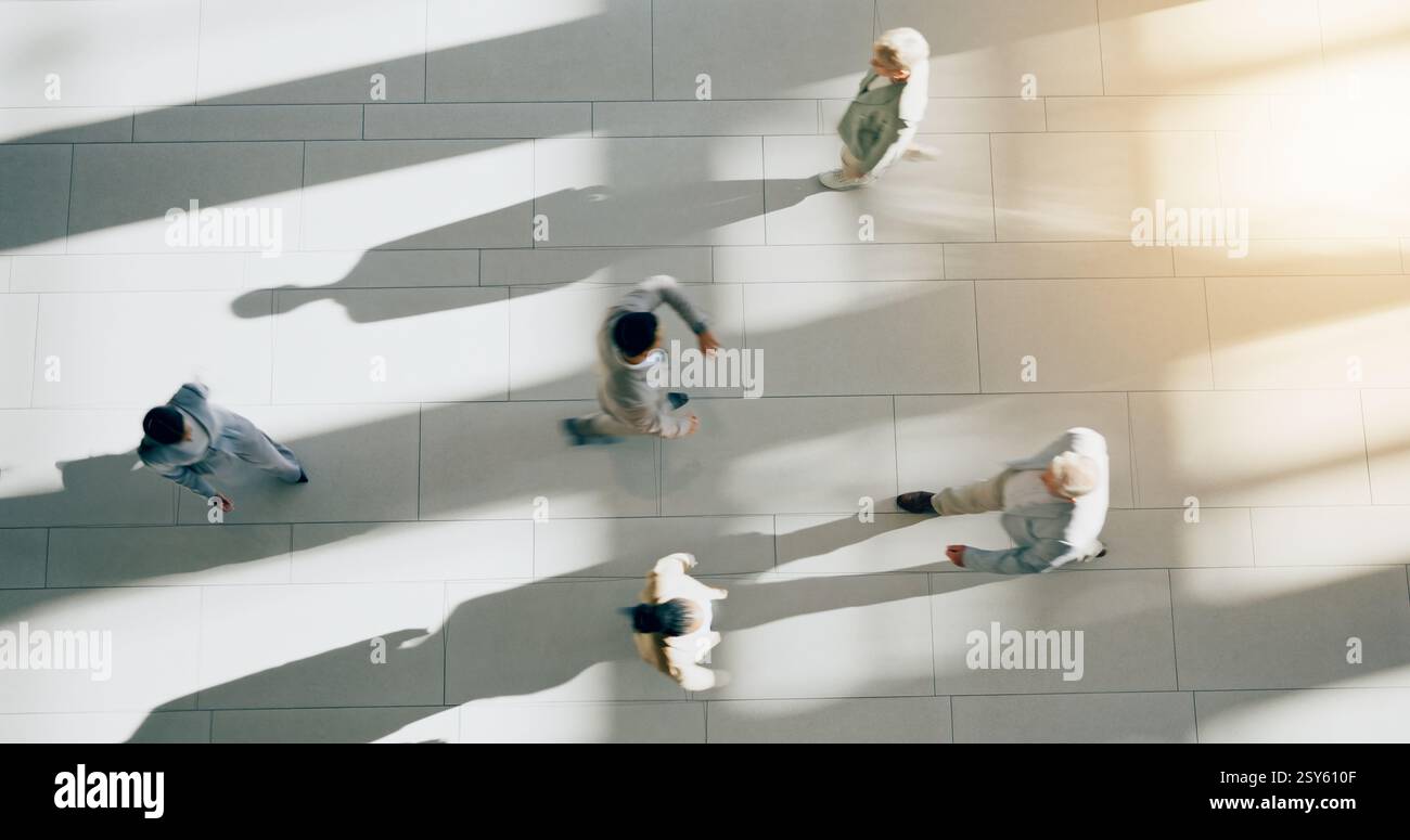 Business people, crowd walking and top view in office with employee and ...