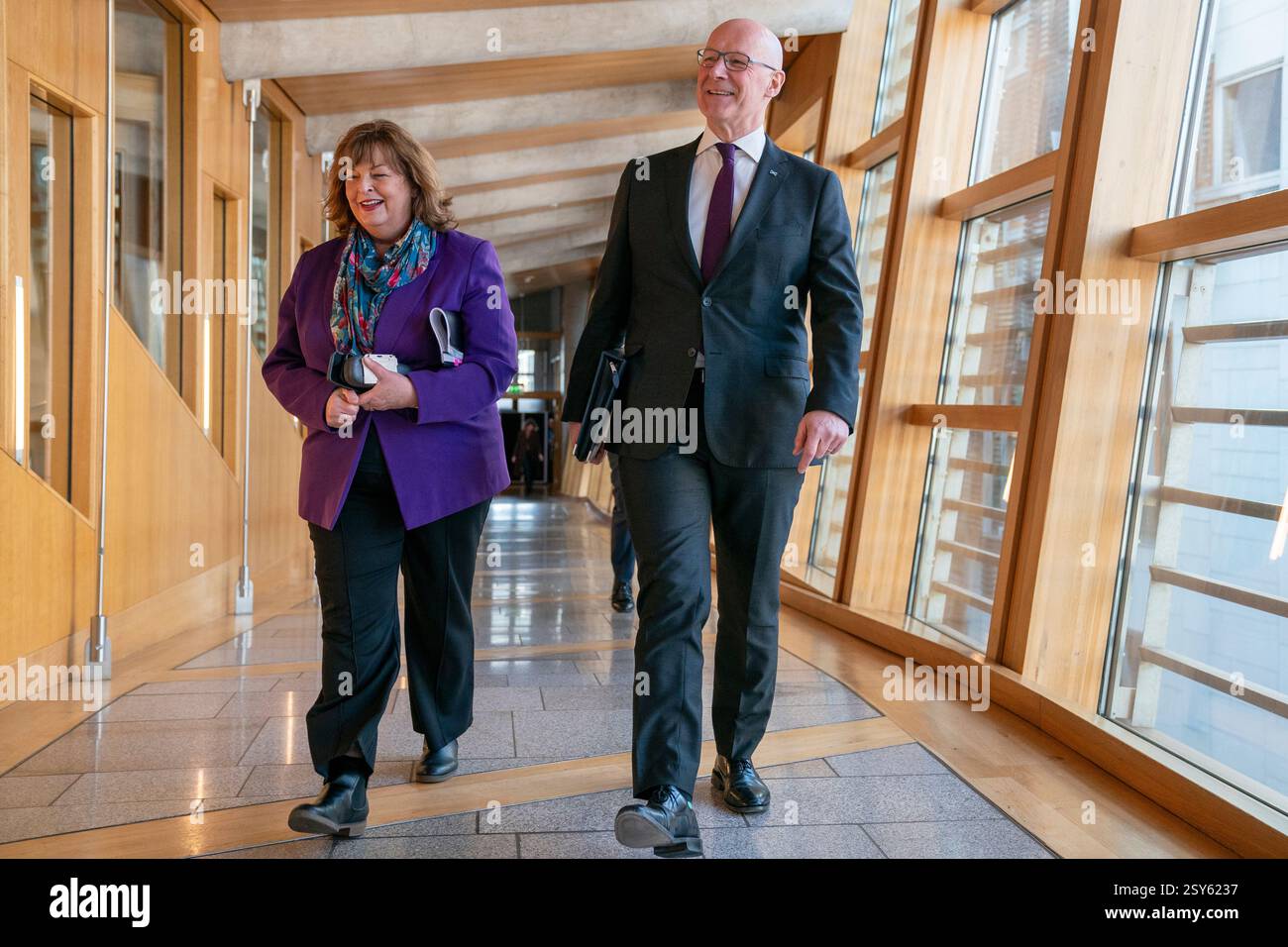 First Minister John Swinney and Transport Minister Fiona Hyslop arrive ...