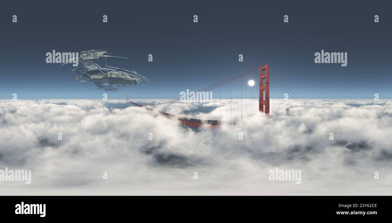 Spherical 360 degrees seamless panorama with a huge spacecraft over the ...