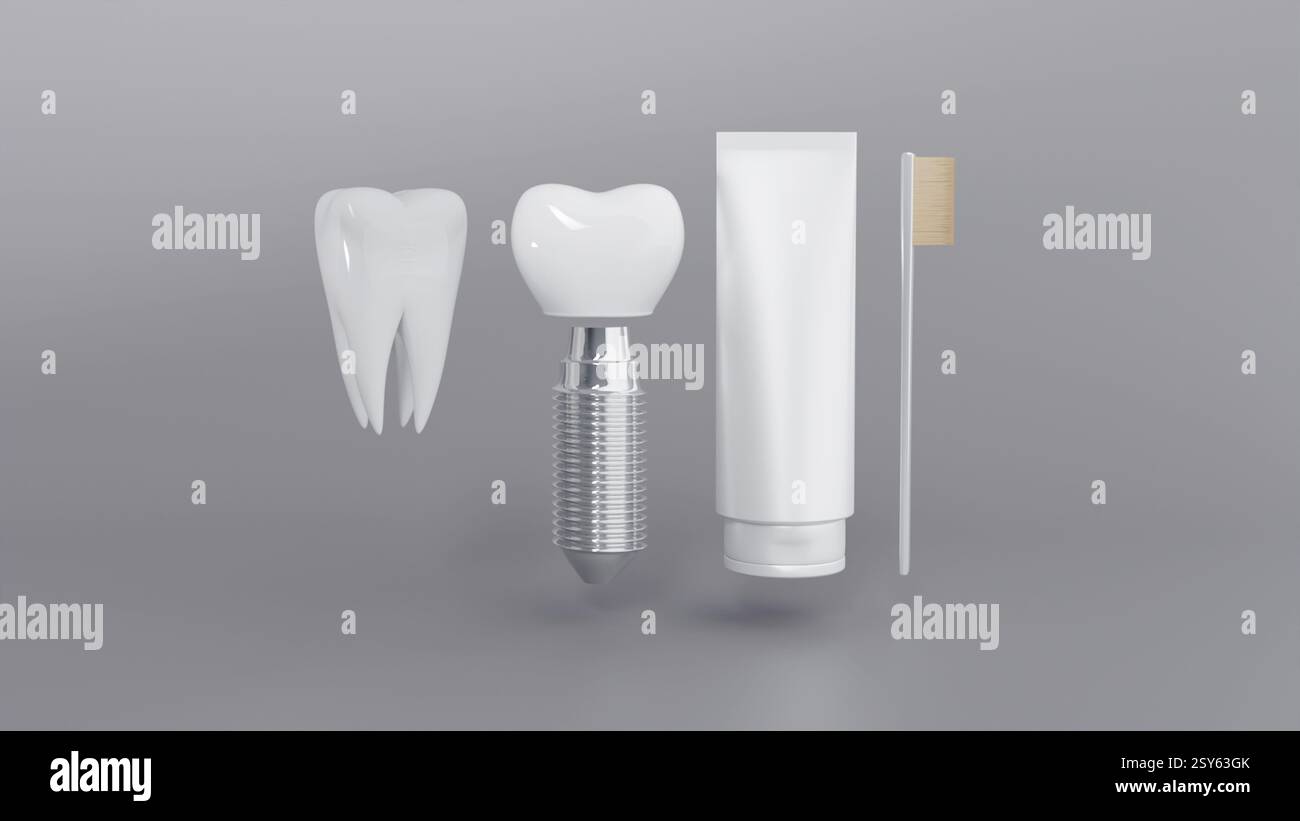 3D model of white molar tooth and white tube of toothpaste and ...