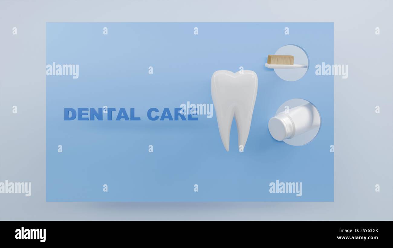 3D model of white molar tooth and text dental care and toothbrush and ...