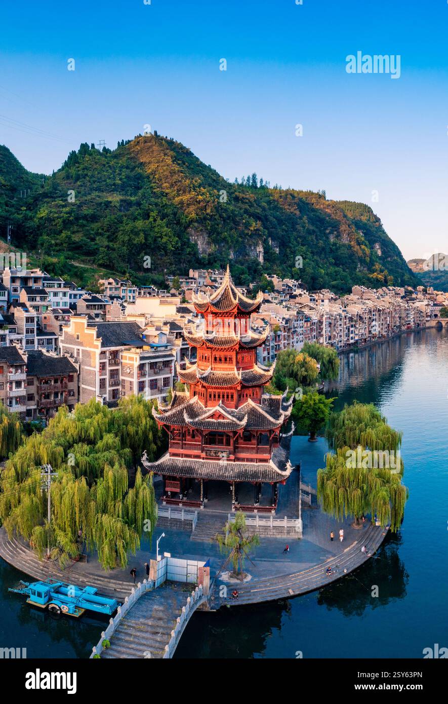Dusk scenery of Zhenyuan Ancient Town, Guizhou Province, China Stock ...