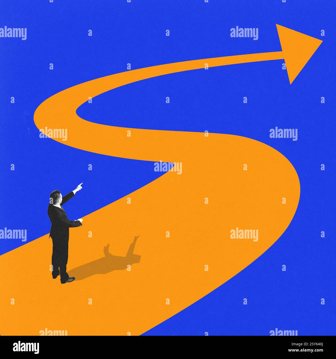 Modern art collage. Man pointing towards winding pathway leading to ...