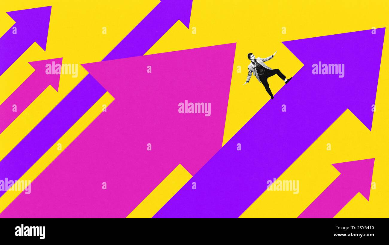 Contemporary art collage. Businessman balancing on large rising arrow ...