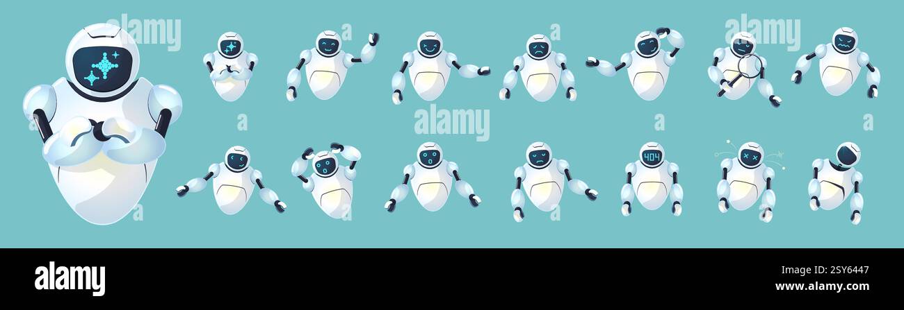 Set of AI robot mascot characters. Cute futuristic chatbot with various ...