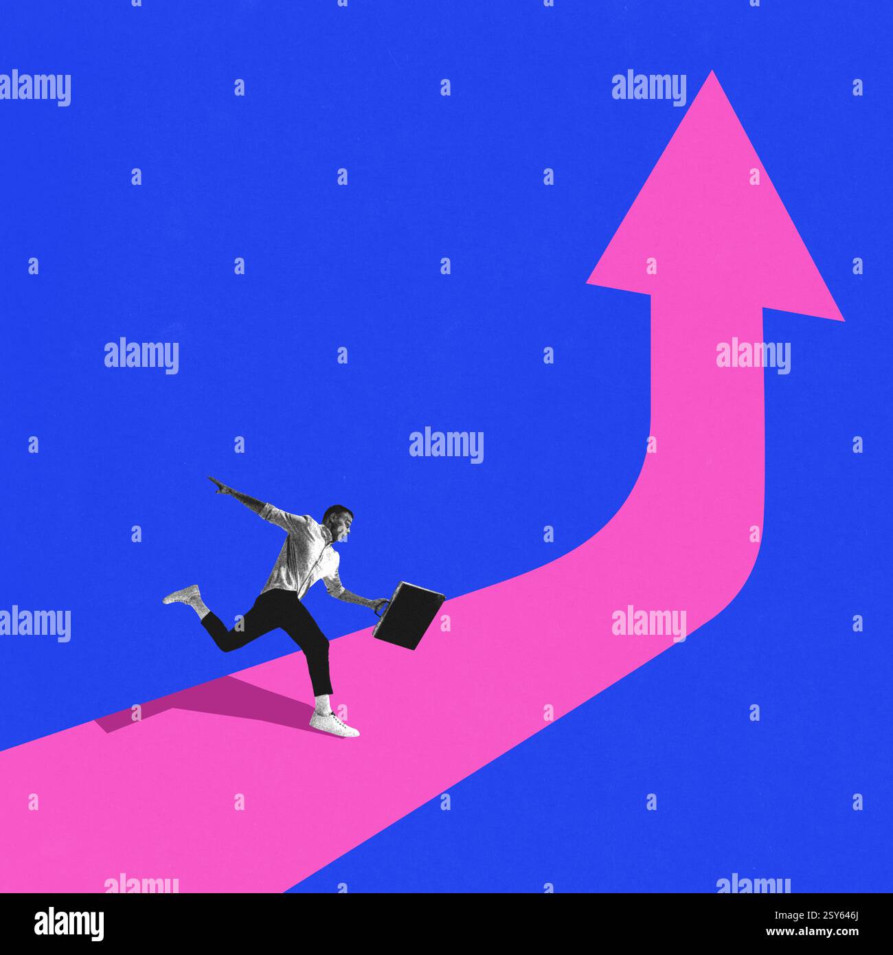 Conceptual design. Young entrepreneur rushing with briefcase on upward ...