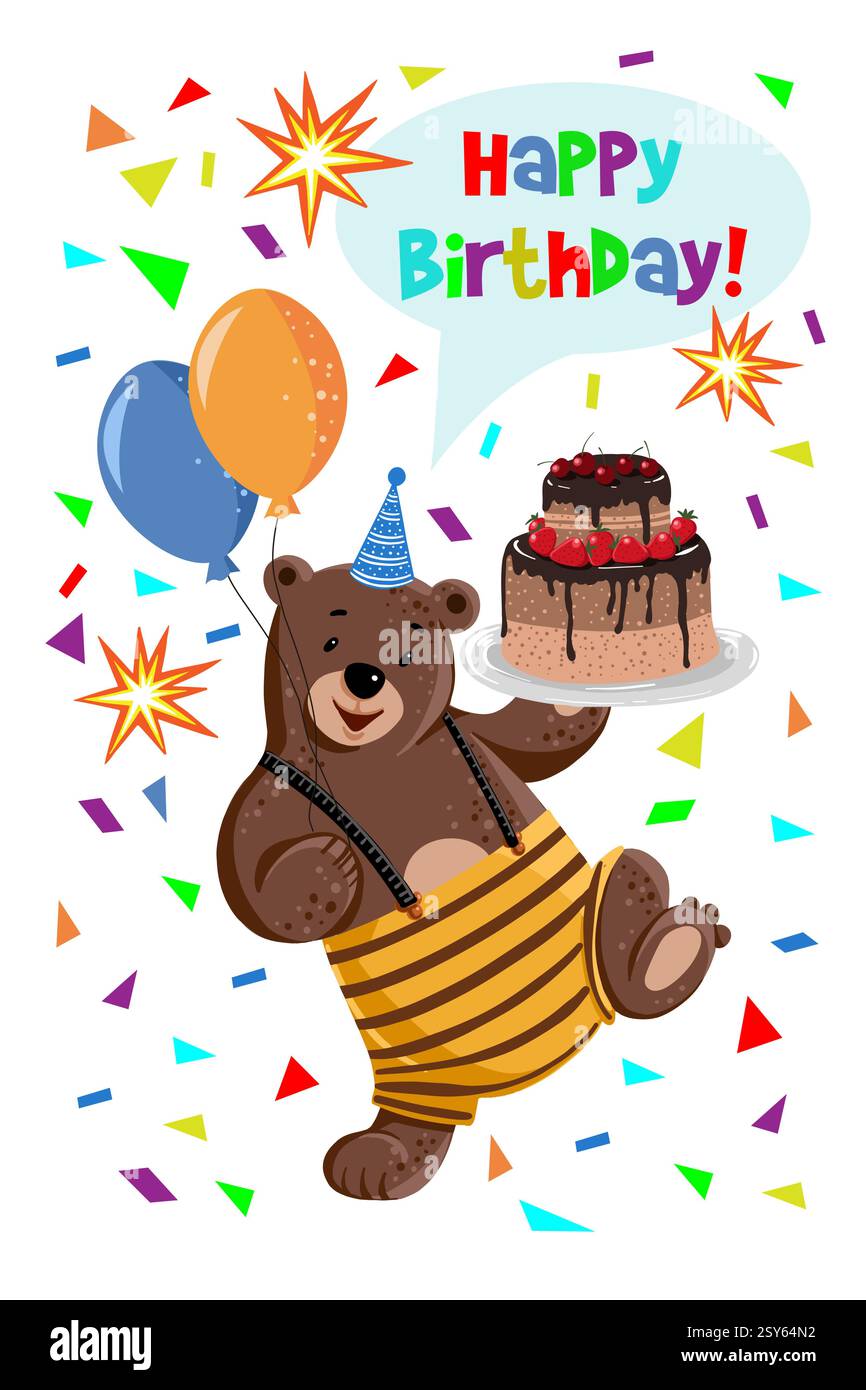Birthday card with bear, balloons and cake Stock Vector Image & Art - Alamy