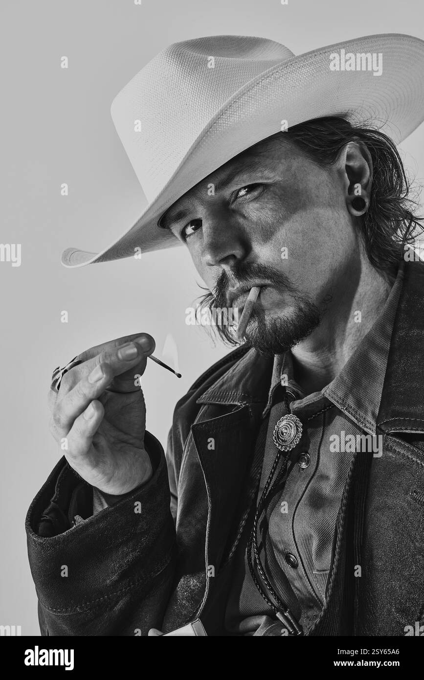 Black and white portrait of handsome and confident man, sheriff with ...