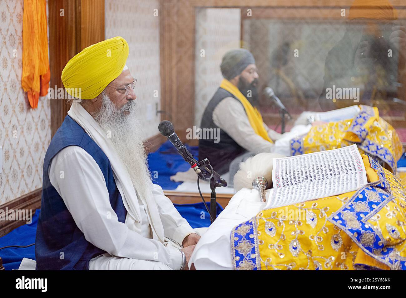 A Sikh priest in a yellow turban reads from the Guru Granth Sahib holy ...